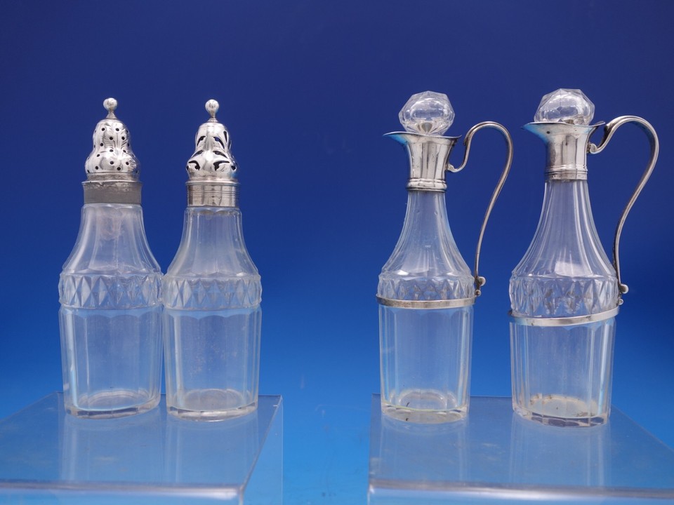 English Georgian Sterling Silver Cruet Set 7pc w/ Stand Pierced Footed ...