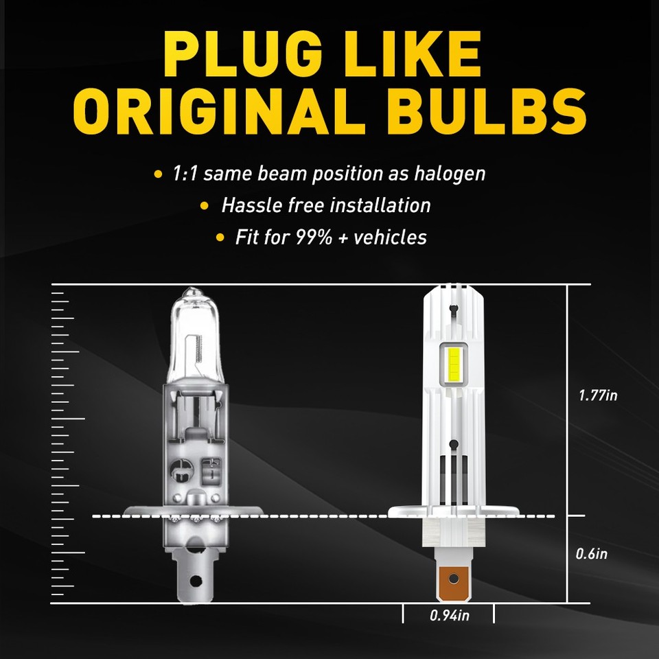 10000K LED Headlight H1 Bulb Conversion High Low Beam White Bright ...
