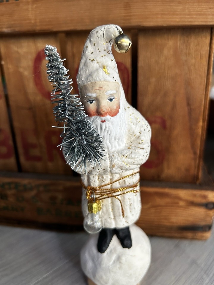 Belsnickle Santa Claus Figurine 7" On Snowball Holding Bottle Brush ...