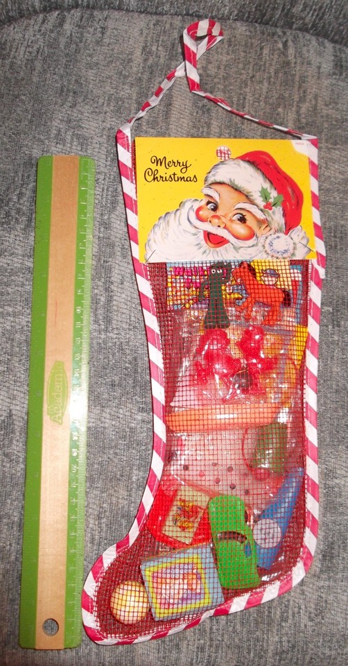 Vintage 12" Mesh Net Christmas Stocking W/ Toys Games Gumby Pokey, Ramp ...