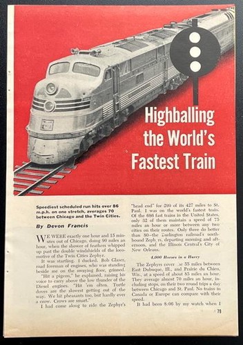Burlington Twin Cities Zephyr 1951 article “Highballing the Worlds ...