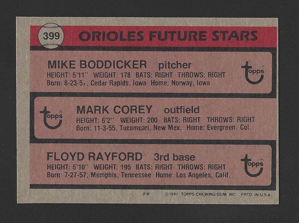 1981 Topps #399 MIKE BODDICKER w/ Corey & Rayford Raw - Baltimore ...