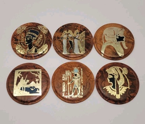 Vintage Egyptian Themed Coasters Set of 6 - Leather Like Texture Over ...