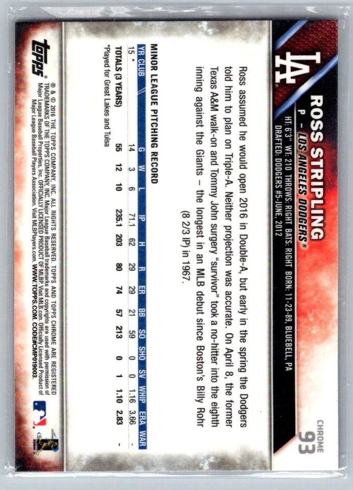 2016 Topps Chrome Prism Refractor Ross Stripling 93 | eBay