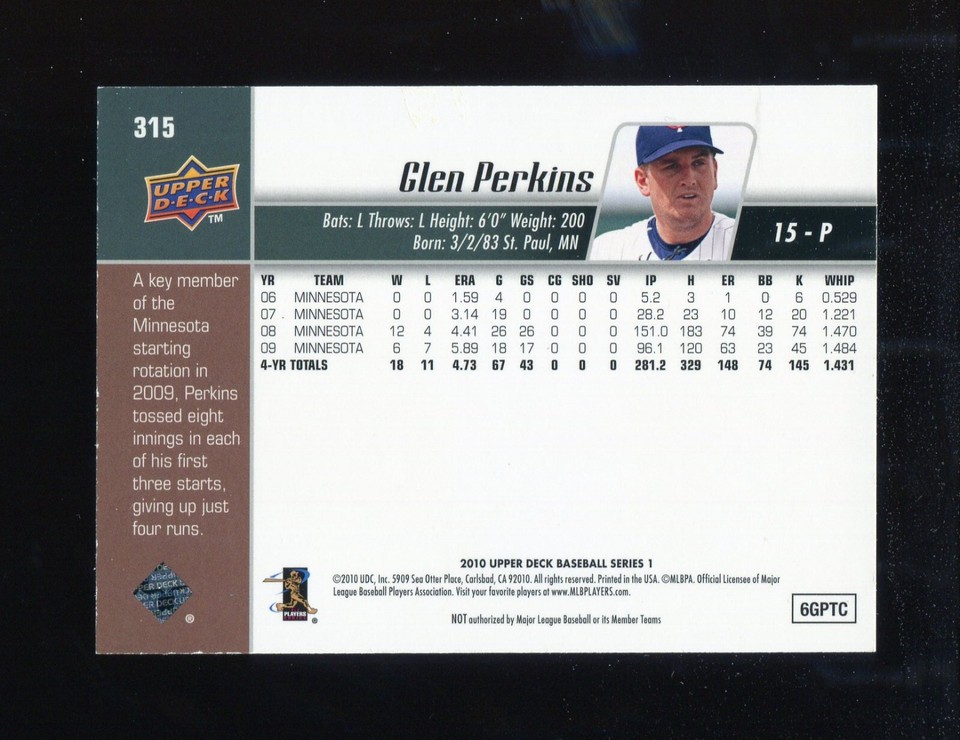 2010 Upper Deck Gold Glen Perkins #315 #D 15/99 JERSEY NUMBER | eBay