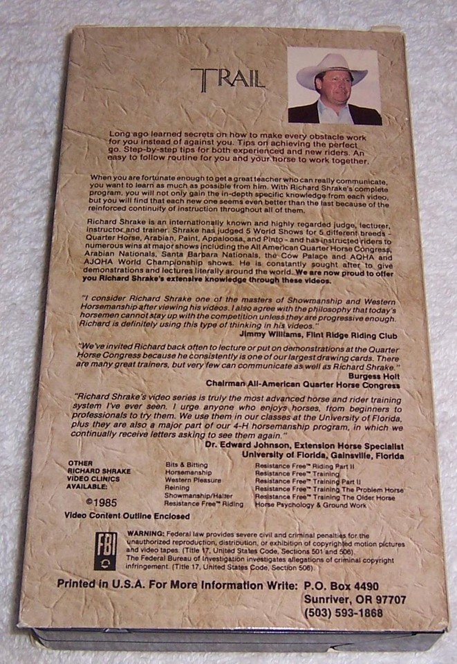 Trail: Richard Shrake's Clinic Series VHS Video Horse Training | eBay