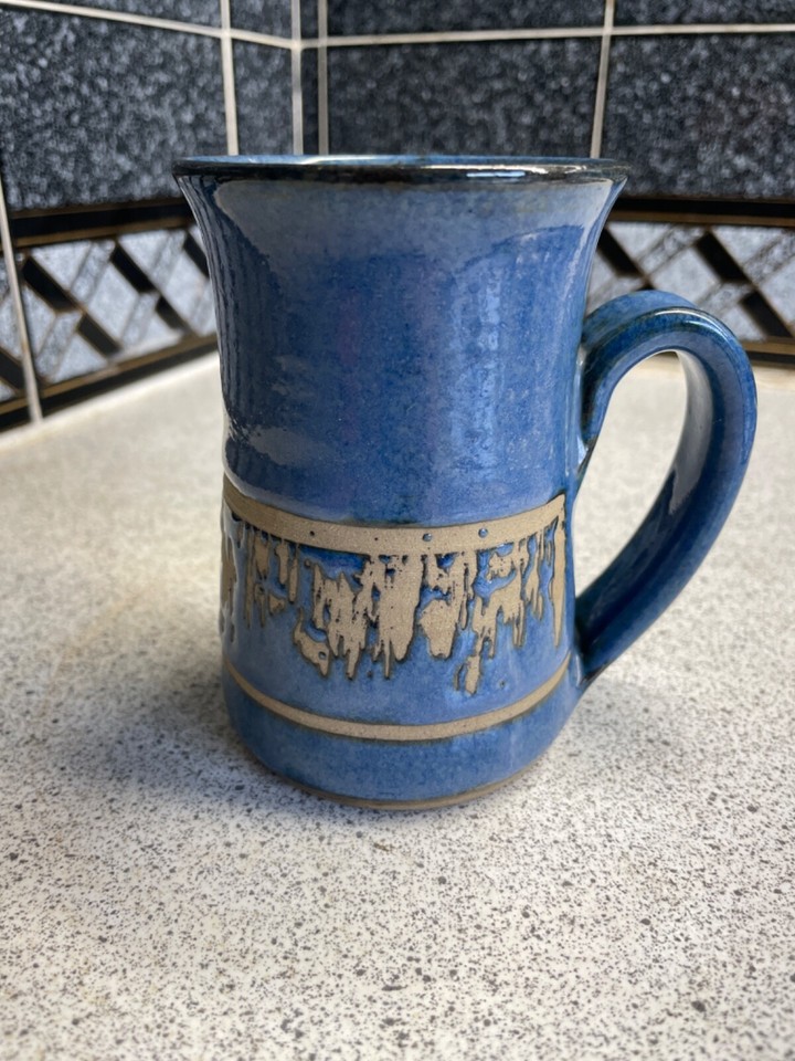VINTAGE BENTHAM POTTERY STONEWARE MUG BLUE HANDMADE ENGLAND YORKSHIRE ...