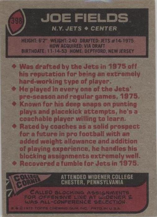 1977 Topps Joe Fields #398 for sale | eBay
