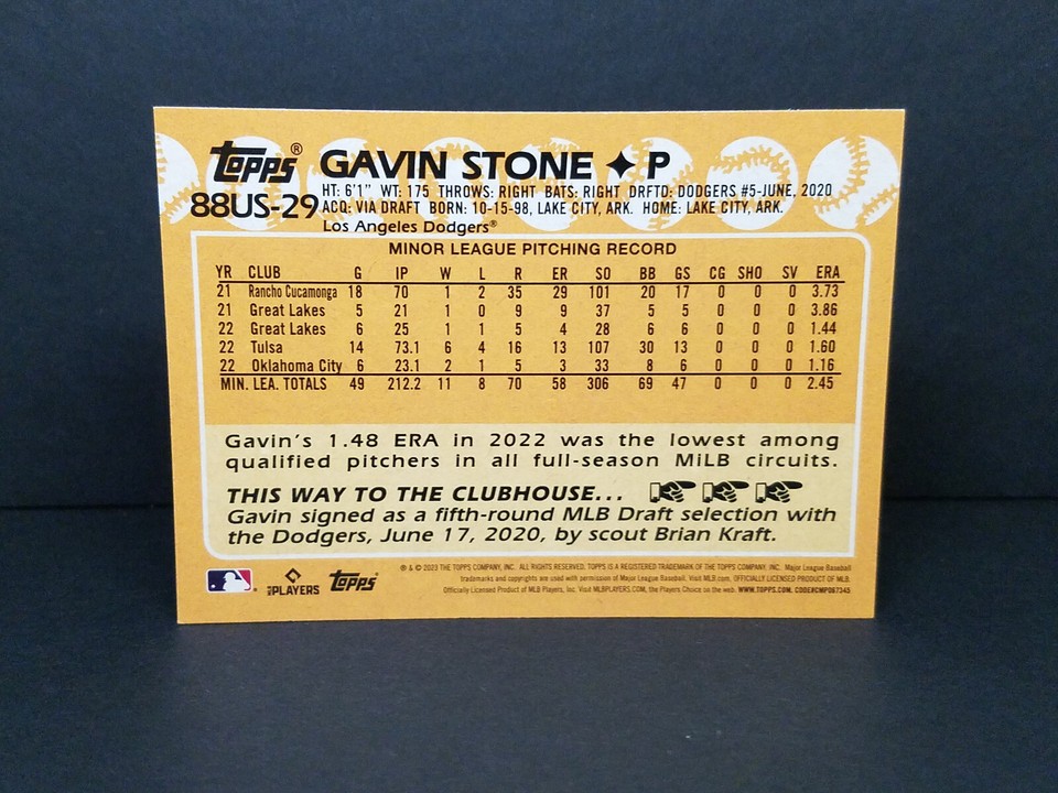 2023 Topps #88US-29 Gavin Stone, Dodgers (RC) - 1988 Topps 35th ...