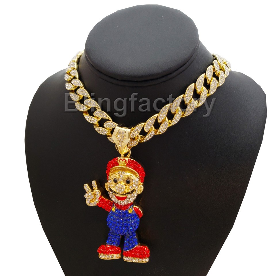 Hip Hop Iced Super Mario Pendant & 20" Iced Cuban Link Choker Chain ...