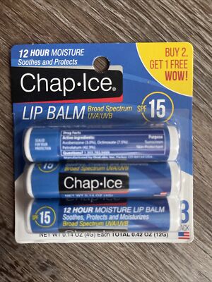 OraLabs Chap Ice 3 x Lip Balm - SPF15 Moisture 0.15oz Each Made in USA ...