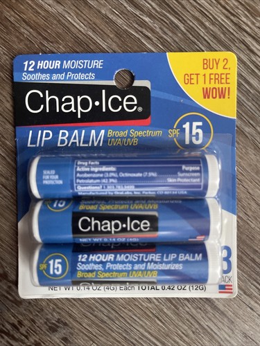 OraLabs Chap Ice 3 x Lip Balm - SPF15 Moisture 0.15oz Each Made in USA ...
