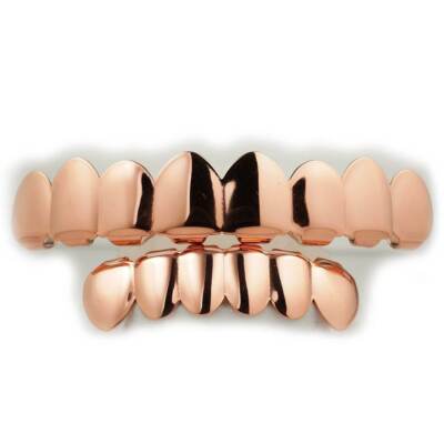 18K Rose Gold Plated Hip Hop Grill STAINLESS STEEL 8 Top 6 Bottom Tooth ...