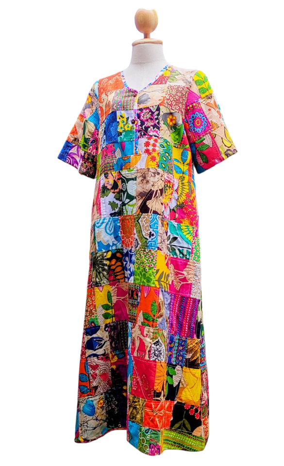 Handmade Boho A-Line Dress, V-Neck Button Front, Patchwork Cotton by Thai Women | eBay