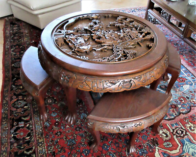 Vintage Chinese Carved Table with Glass Top and 4 Stools Made in Hong ...