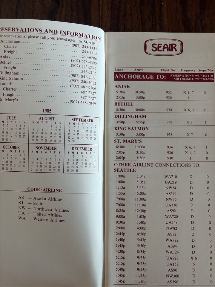 SEAIR Alaska Timetable & Insert July 1985 | eBay