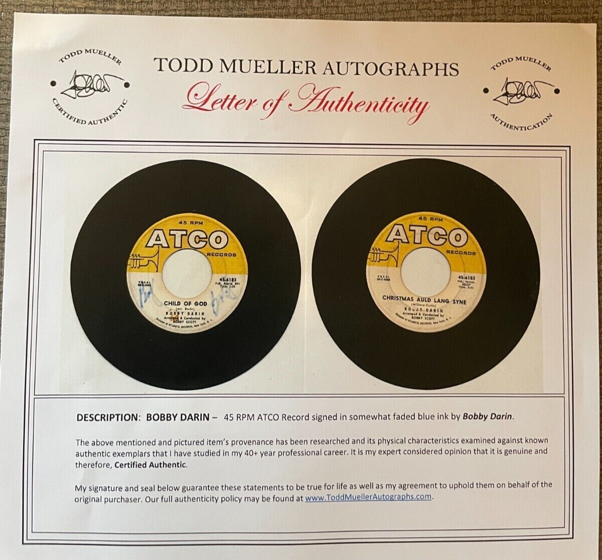Bobby Darin Signed ATCO 45 RPM Record - Todd Mueller LOA | eBay