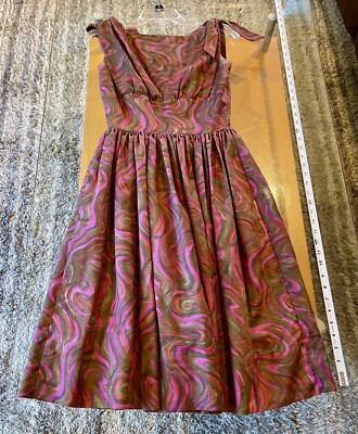 60s 70s Groovy Carol Rodgers juniors Purple Pattern Dress Fit Flare ...