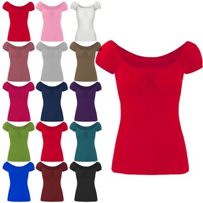 Womens Ladies Off Shoulder Gypsy Tie Ribbon Bardot Ruched Tops Uk Plus ...