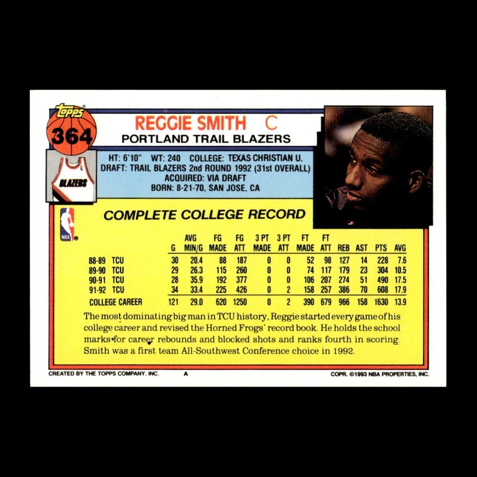 Reggie Smith 1993-94 Topps Rookie Portland Trail Blazers #364 R328O 86 ...