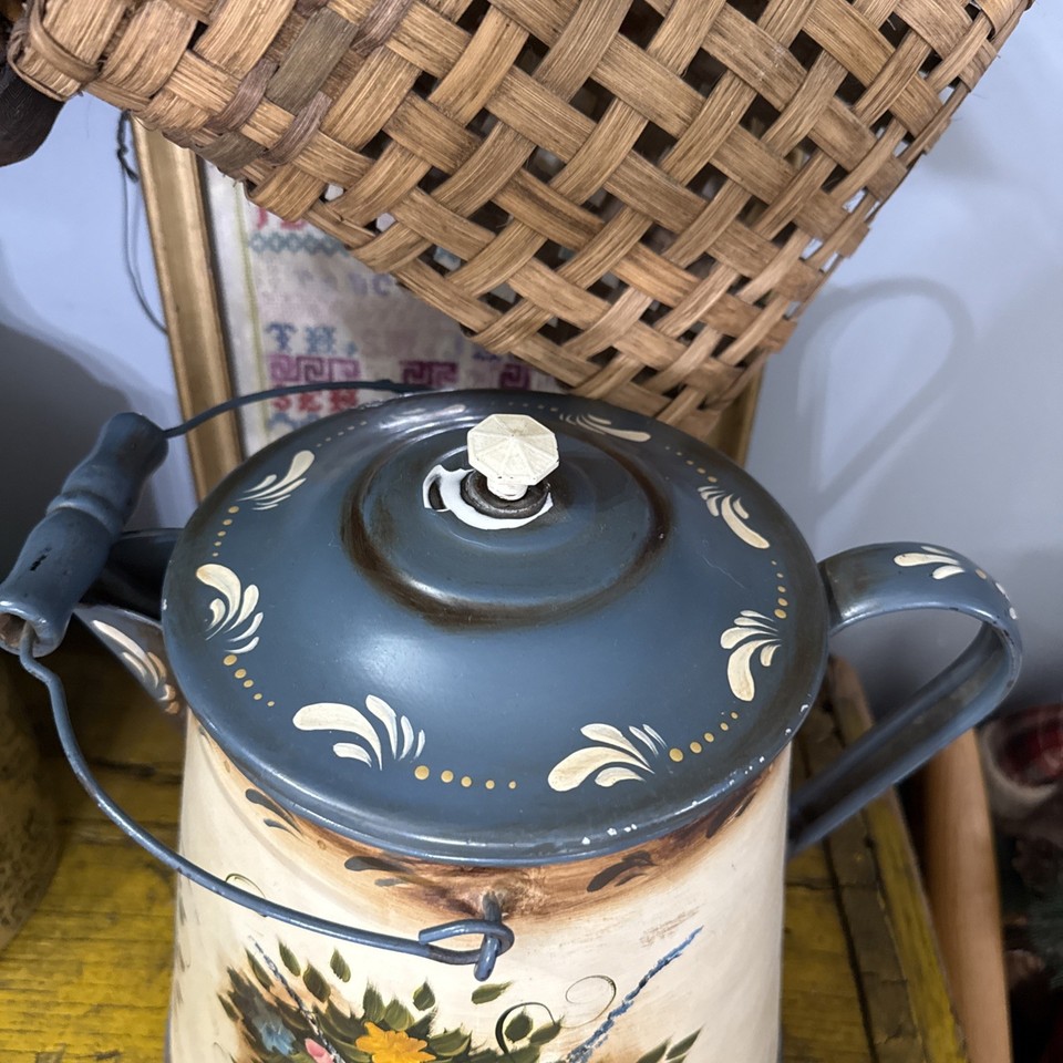 VTG Toleware Primitive Coffee Pot Floral Roses Farmhouse Country ...