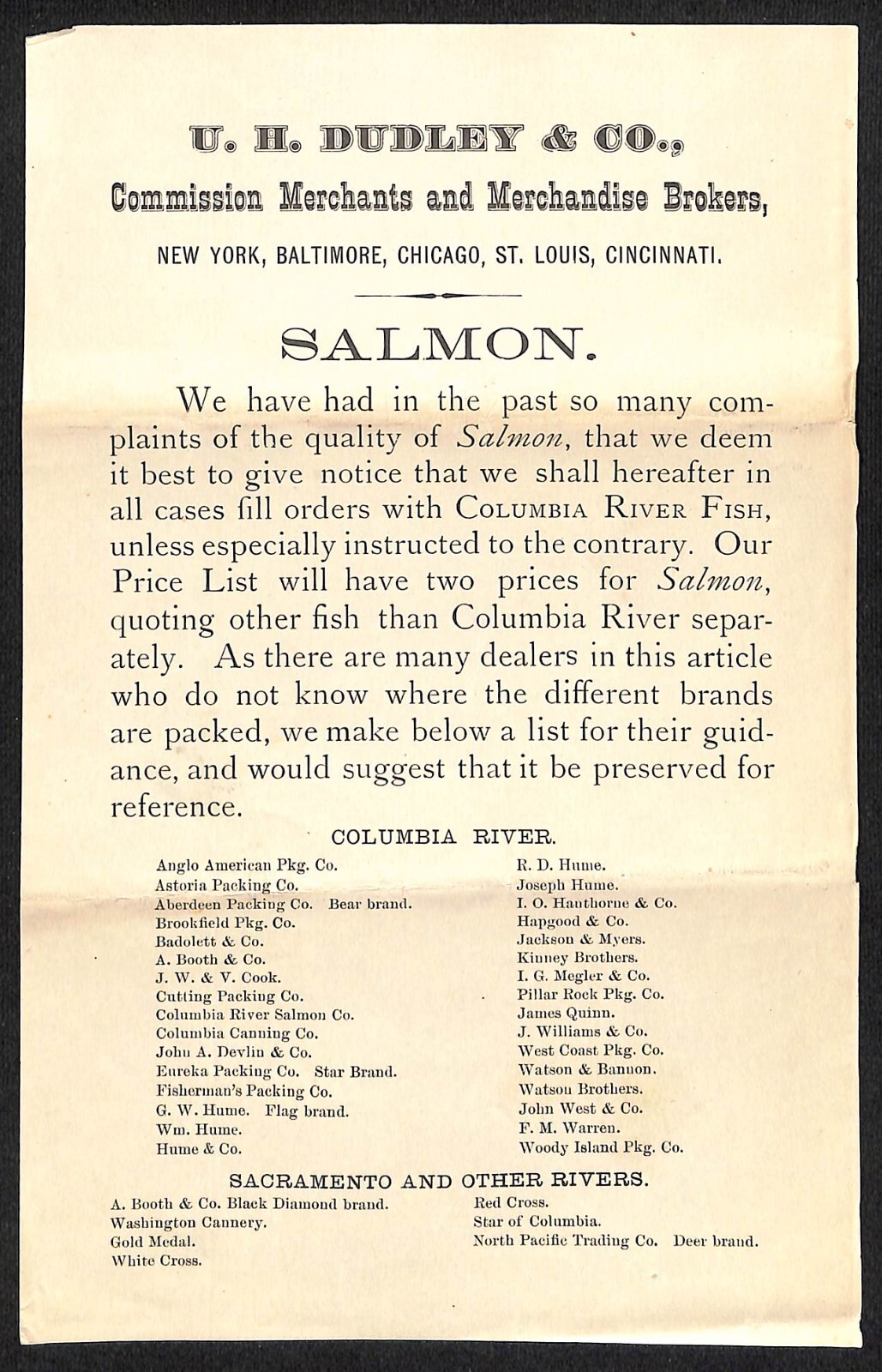 U.D. Dudley & Co Merchandise Brokers List of Columbia River Salmon ...
