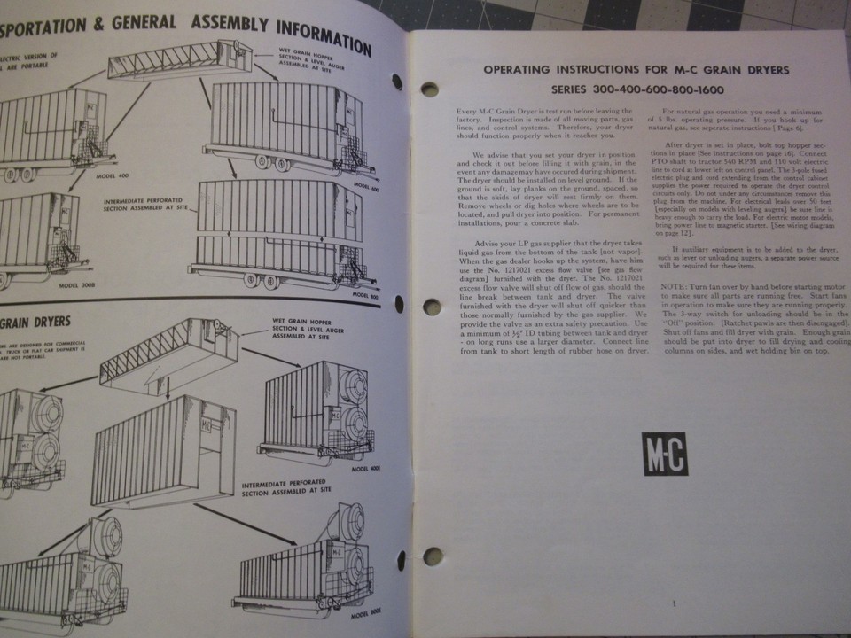 M-C Mathews Models 300, 400, 600, 800, 1600 Grain Dryer Operator's ...