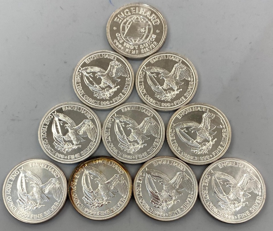 10 Engelhard 1ozt .999+ Fine Silver Prospectors 1982 5-1984 4-1986 ...