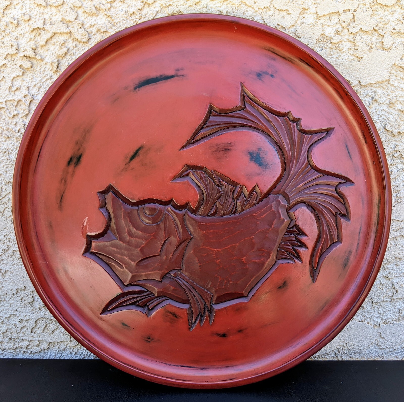 Japanese Kamakura Carving Red Lacquer Plate Coy Fish Tray Signed By ...
