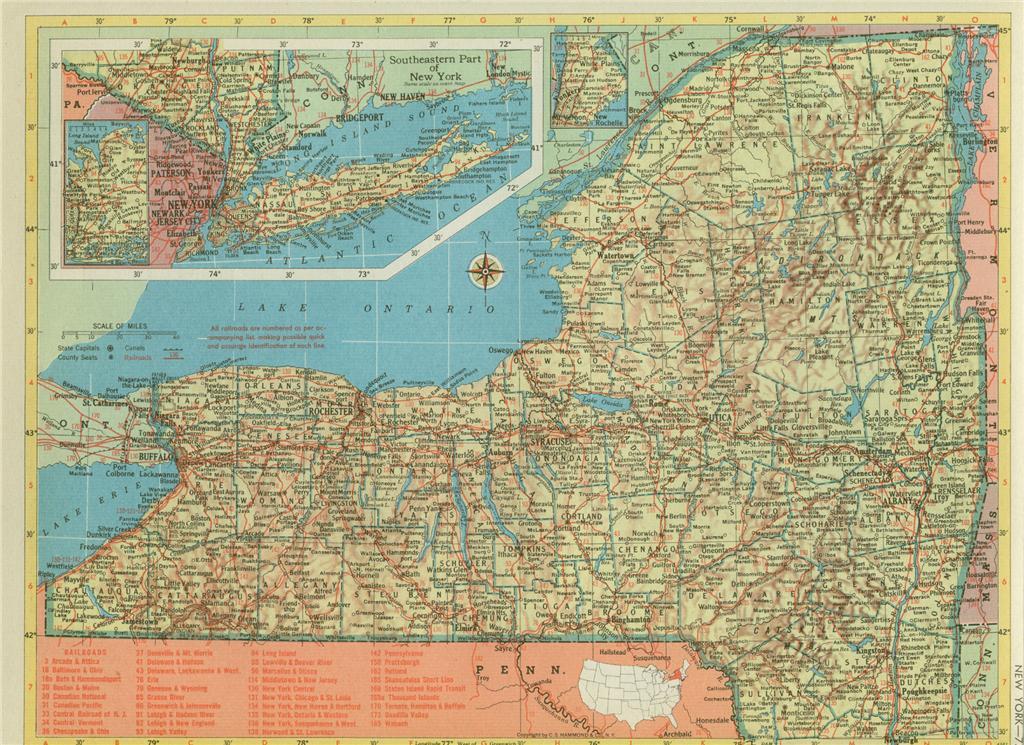 HISTORIC 1952 NEW YORK RAILROAD MAP SHOWS & LIST ALL RR's + NY RR PRINT ...