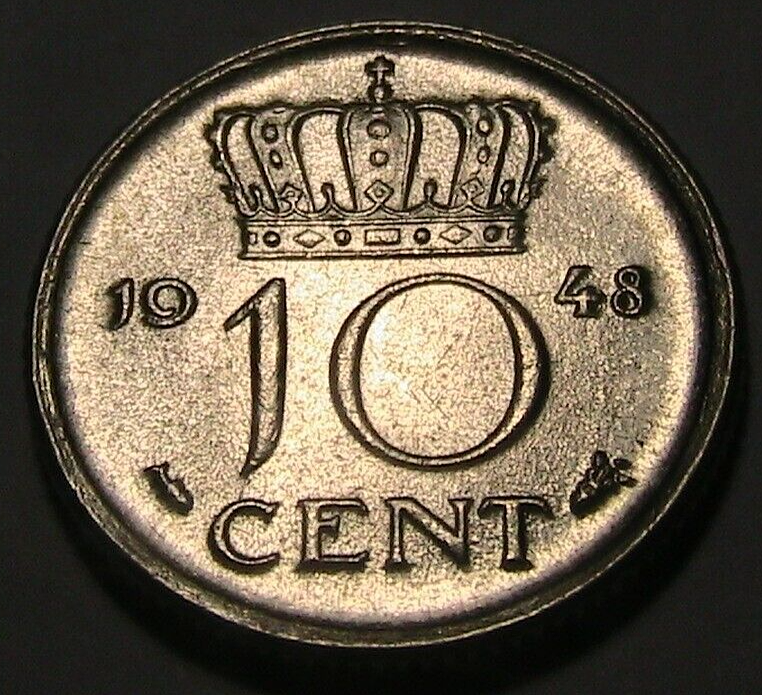 1948 Netherlands 10 Cents CH BU+ Original Tone Dutch Wilhelmina ...