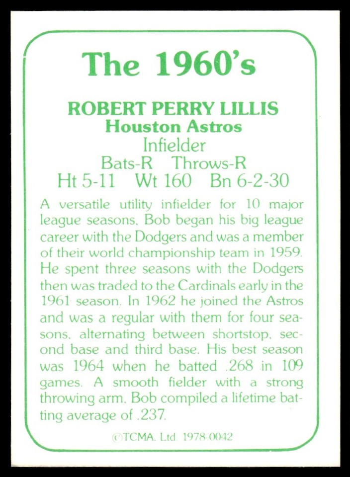 1978 TCMA The 1960's I Robert Lillis Houston Astros #42 | eBay