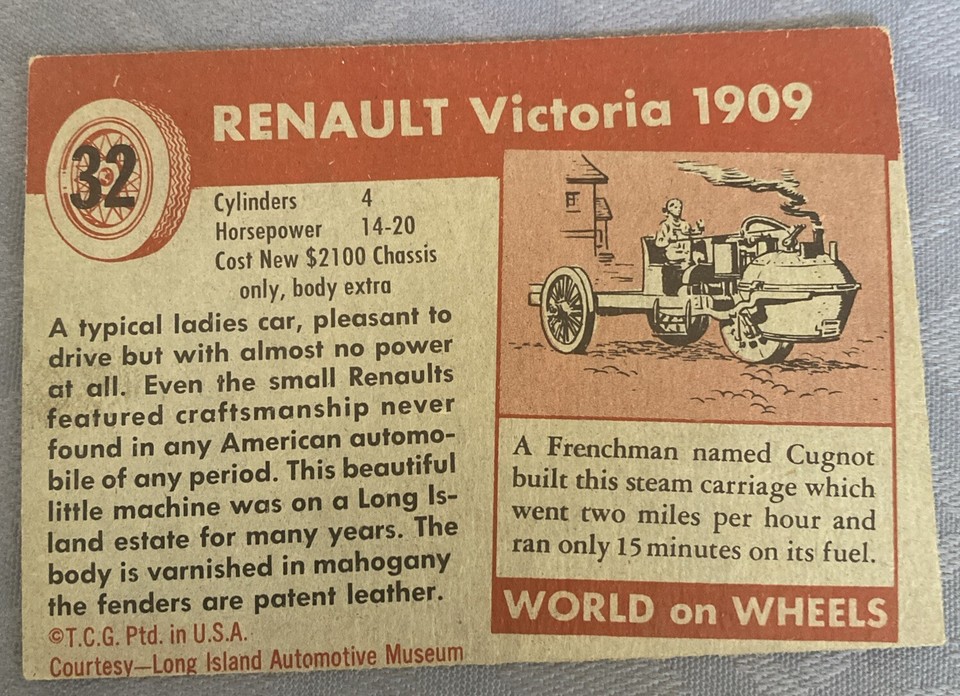 1954 Topps World on Wheels #32 Renault 1909 Victoria Runabout EX | eBay
