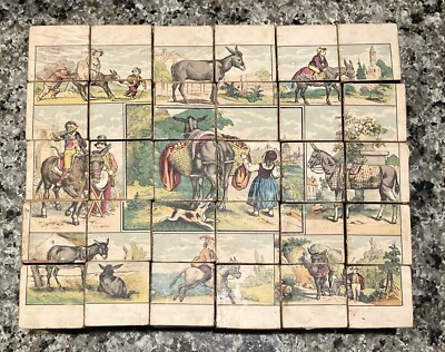 Rare Antique Vintage Victorian 30 Piece block 6 sided cube puzzle Farm ...