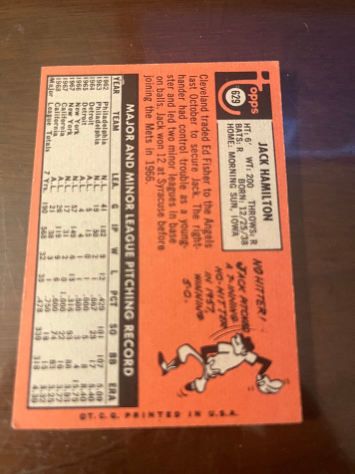 1969 Topps baseball high number #629 Jack Hamilton Cleveleand Indians ...