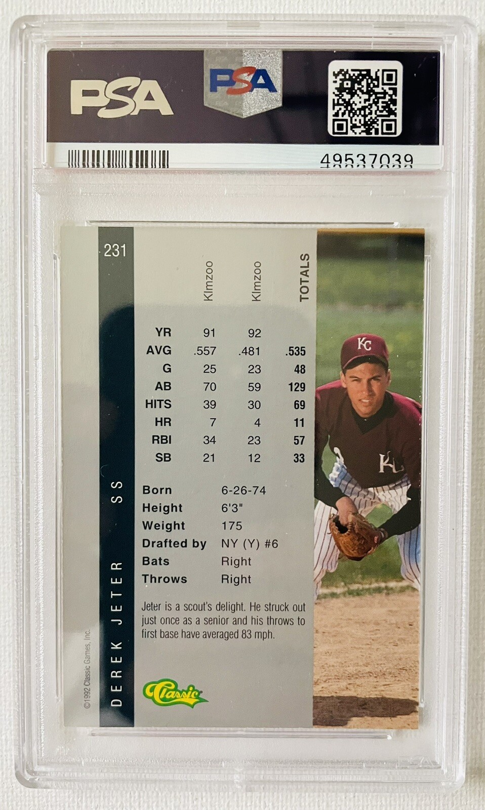 1992 Classic 4 Sport Derek Jeter #231 New York Yankees RC HOF PSA 8.5 ...