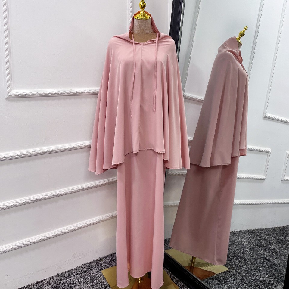 2 Piece Muslim Women Prayer Overhead Hijab Abaya Maxi Dress Set Kaftan ...