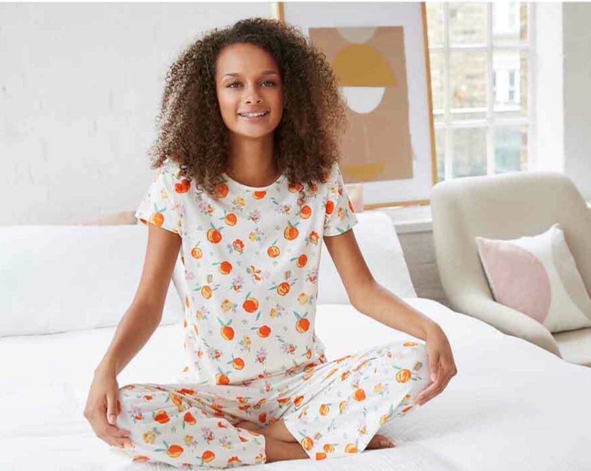 Peach Peachy Floral PJs Pyjamas Nightwear White Flower Pink All Over ...