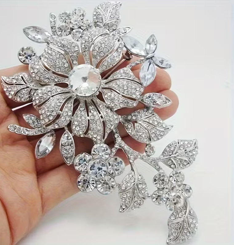 BROOCH Silver Flower Rhinestone Vintage Organza Gift Bag Bride Mum ...
