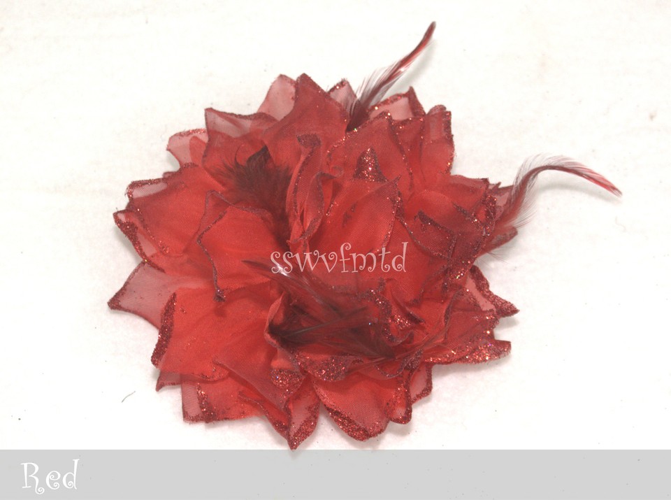 Lady Feather Flash Powder Glitter Flower Brooch Pin Bridal Party Hair ...