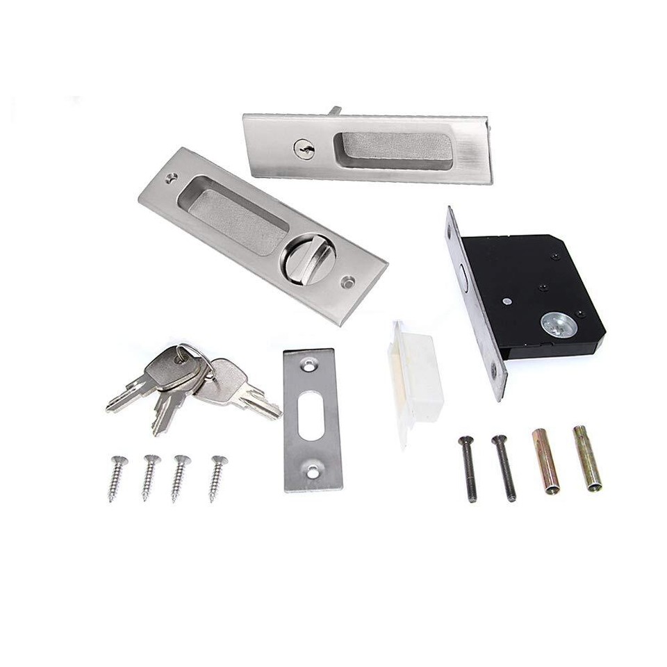 Brushed Silver Pocket Door Lock Privacy Handle with Key 6.3" Barn Door ...