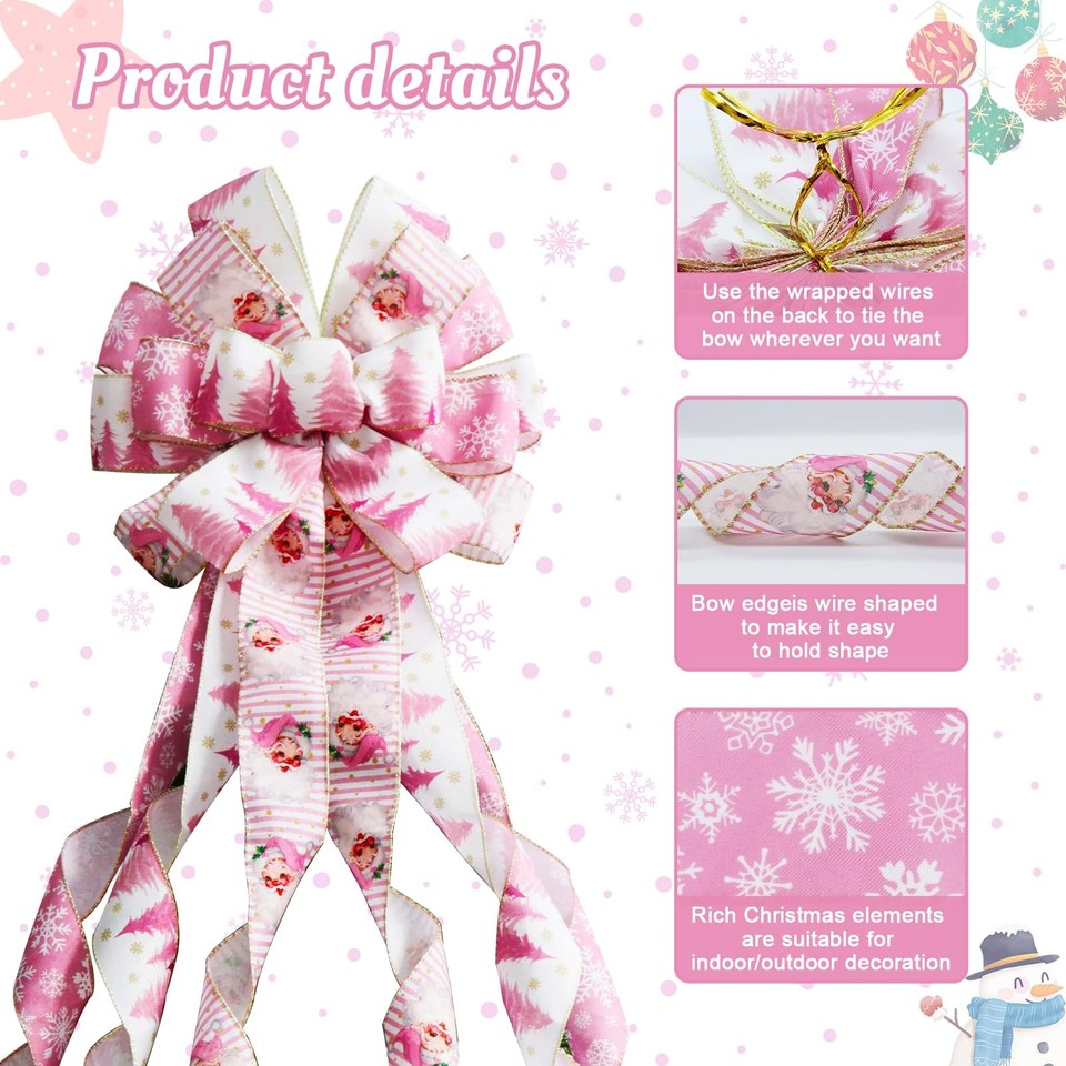 Large Christmas Tree Topper Bow 52x13 Inch, Pre-Tied Wired Ribbon ...