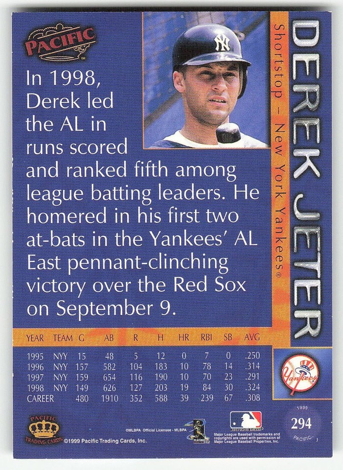 1999 Pacific #294a Derek Jeter Headshot BASEBALL New York Yankees | eBay