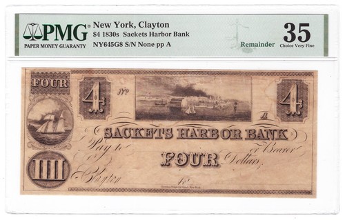 1830s $4 Four Dollar Sackets Harbor Bank Clayton NY Obs. Remainder Note ...