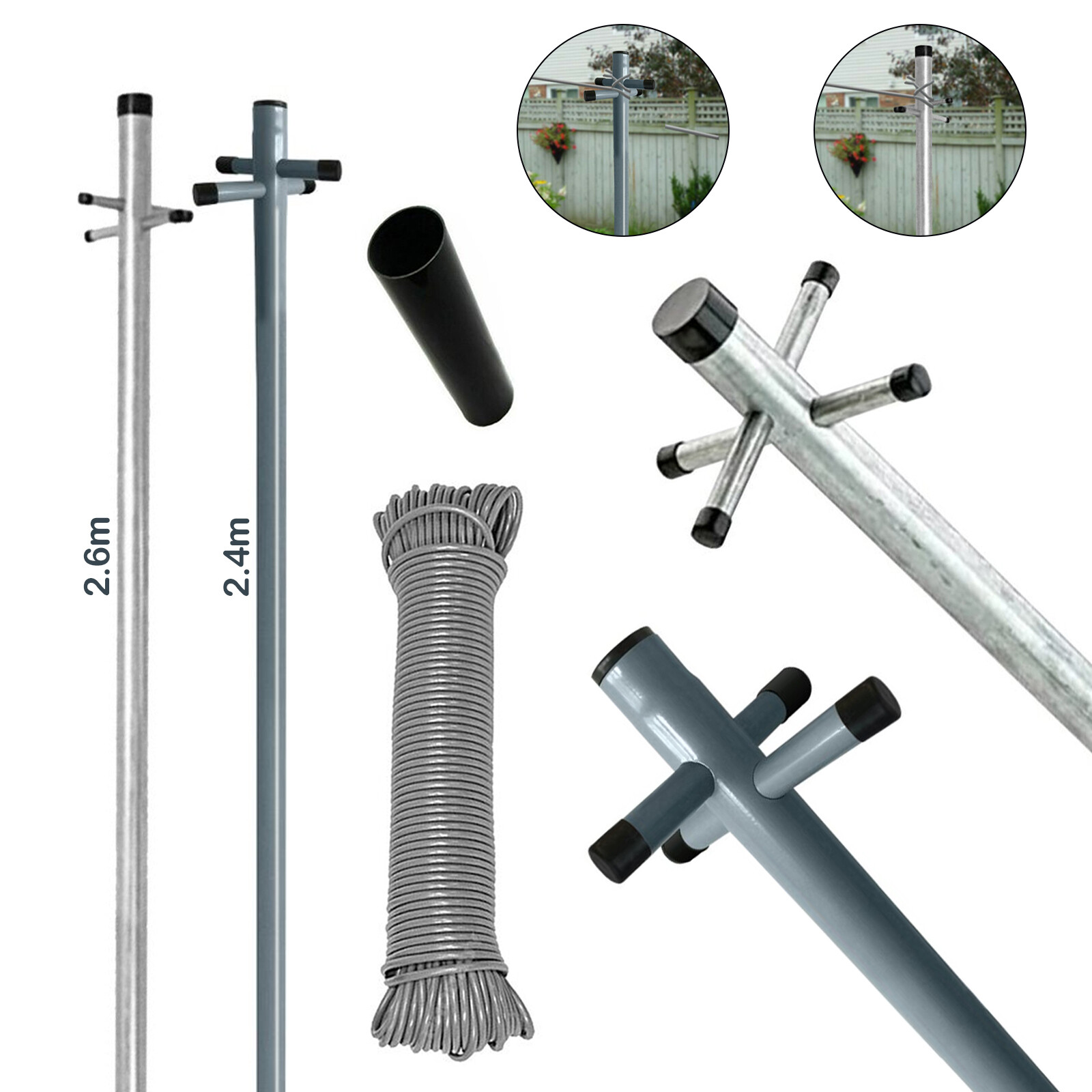 Galvanized Post Pole Heavy Duty 2.4Meters Outdoor Garden Washing Line ...