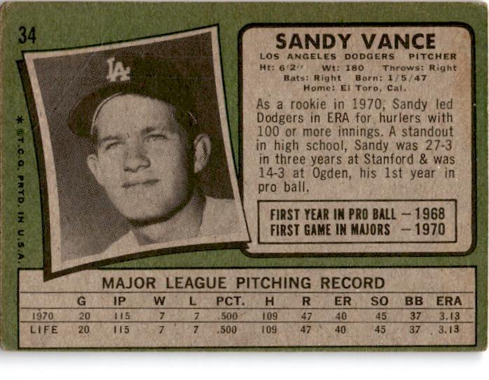 1971 Topps #34 Sandy Vance Los Angeles Dodgers RC Rookie Vintage ...