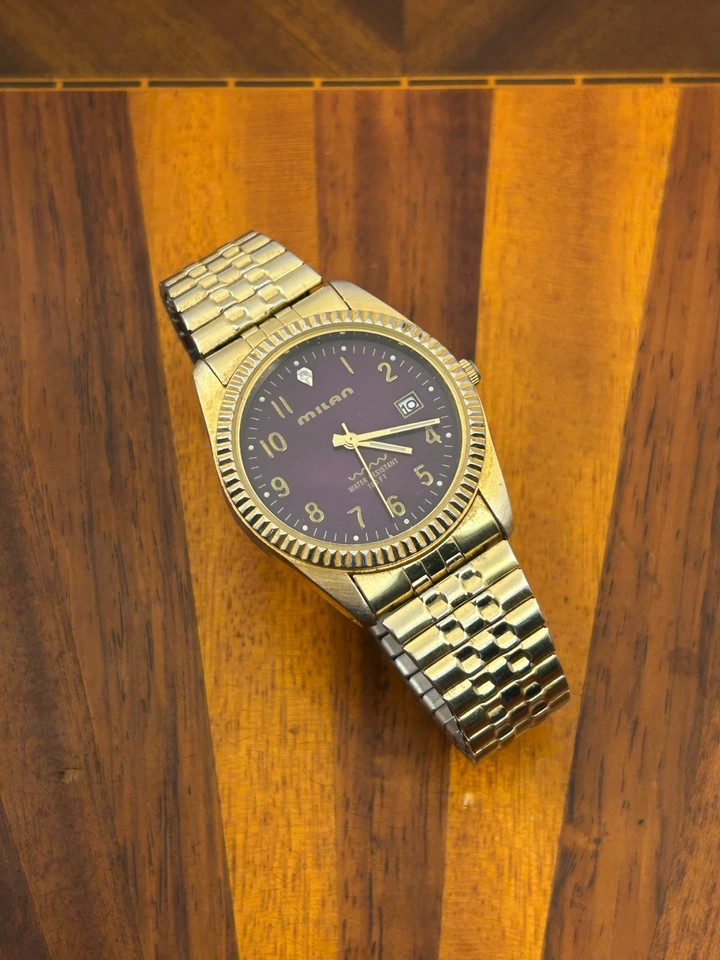 Milan Watch Men Gold Tone Quartz Date Fluted Bezel Purple Dial 37mm New ...