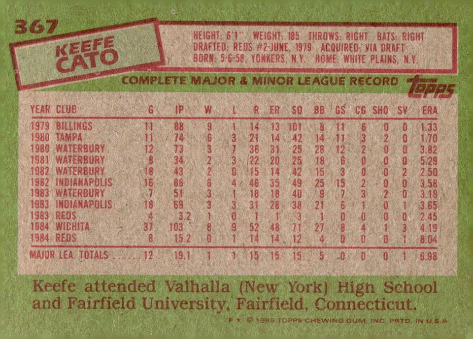 1985 Topps #367 Keefe Cato - Cincinnati Reds | eBay