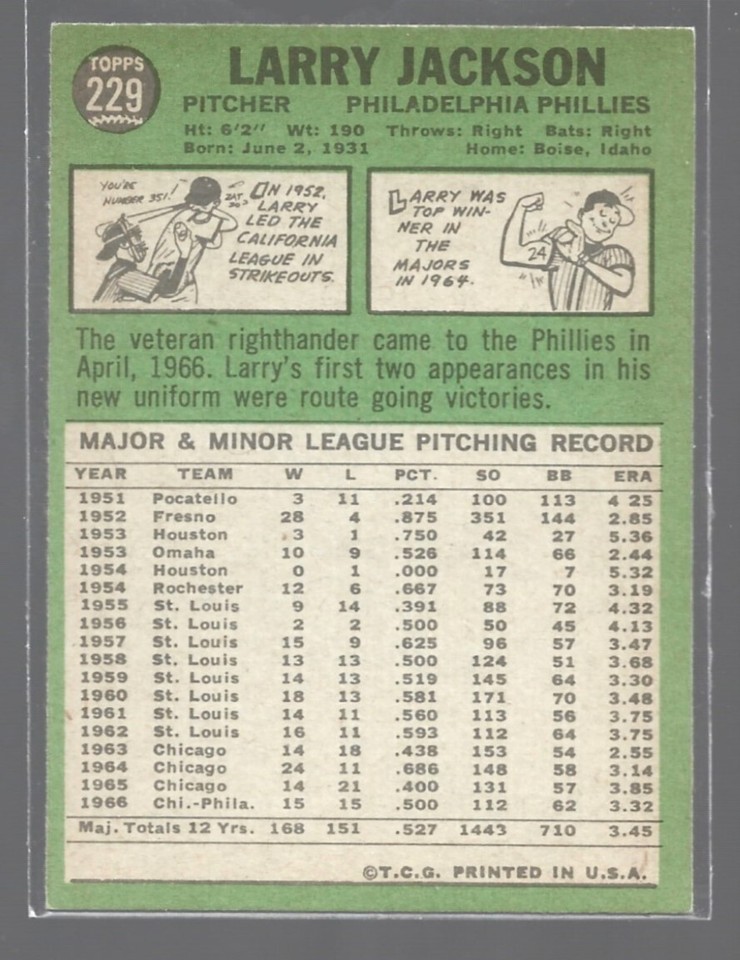 Larry Jackson-Philadelphia Phillies- 1967 Topps Baseball Card #229 | eBay