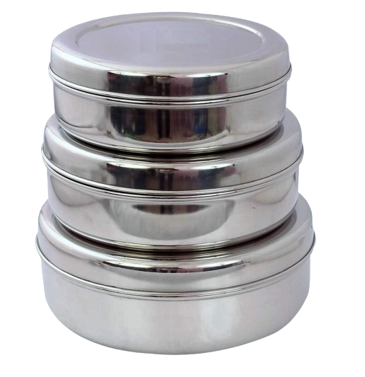 3Pc Stainless Steel Puri Dabba Tin Canisters Storage Set Cake Biscuit ...